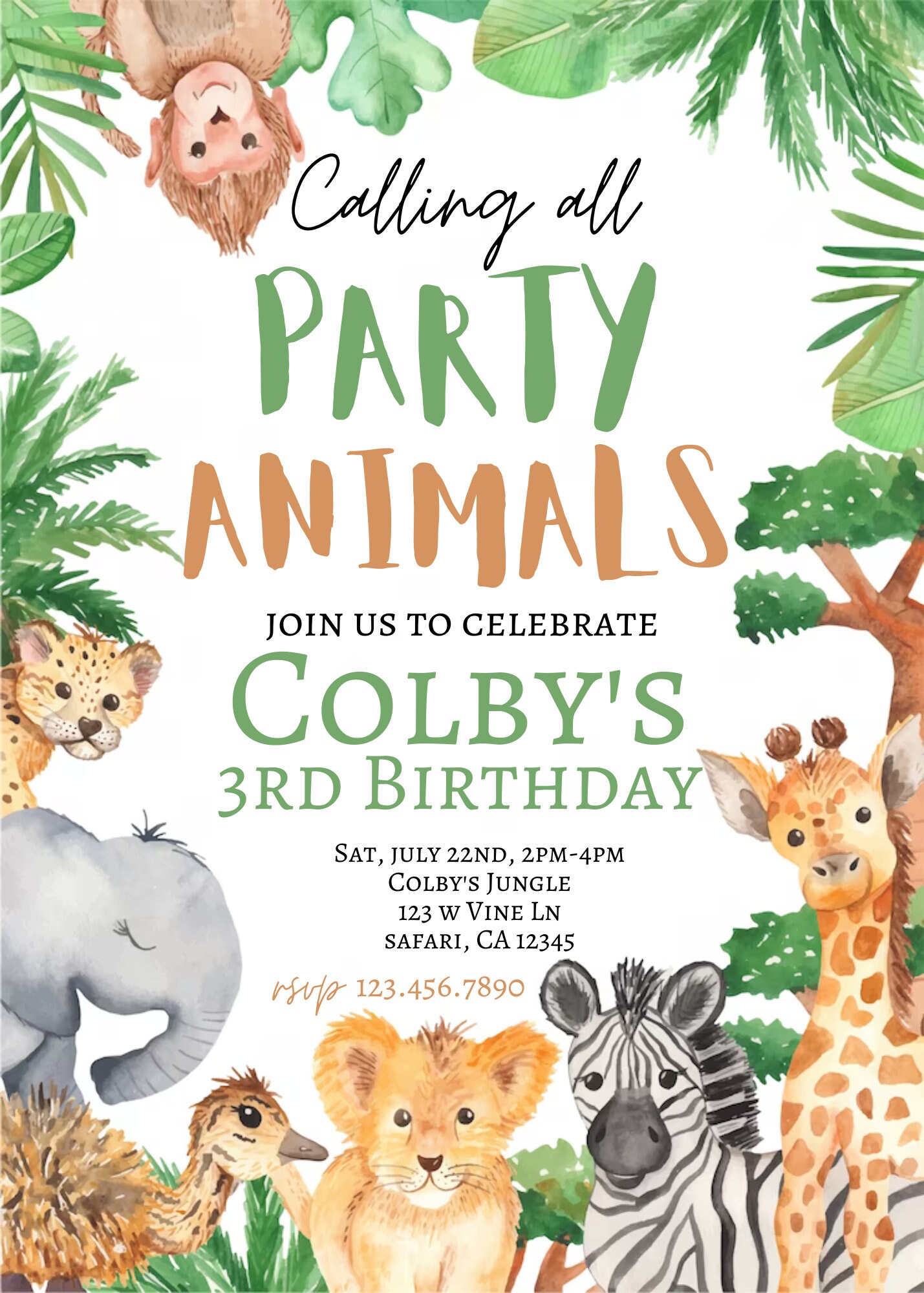 Editable Party Animals Birthday Invitation Jungle Safari Party Birthday ...
