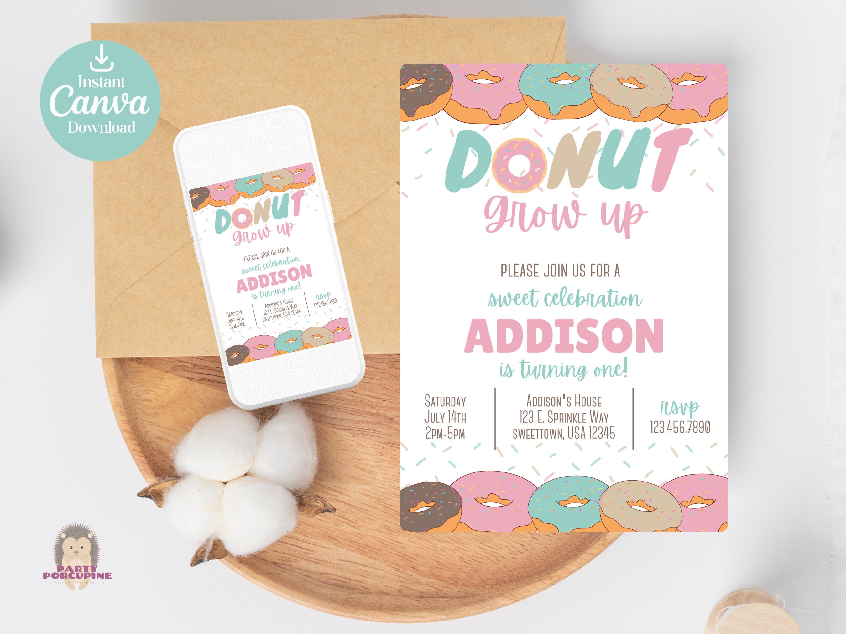 Editable Donut Birthday Invitation Donut Grow up Birthday Invite Pink ...