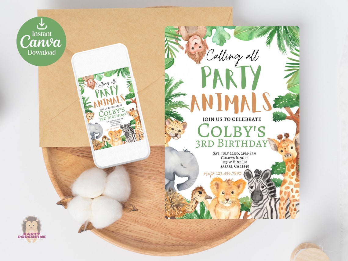 Editable Party Animals Birthday Invitation Jungle Safari Party Birthday ...