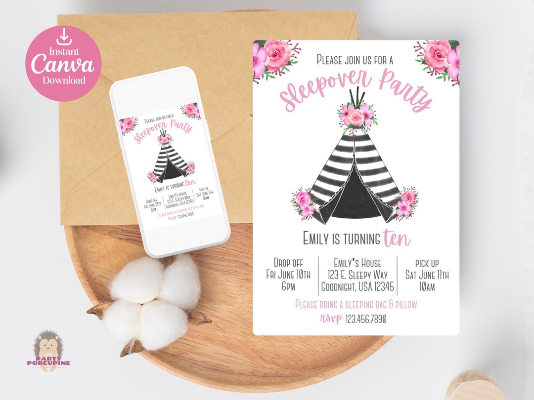 Editable Sleepover Birthday Invitation Teepee Slumber Party Birthday ...