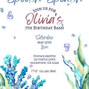 Editable Splish Splash Birthday Invitation Ocean Swimming Under the Sea ...