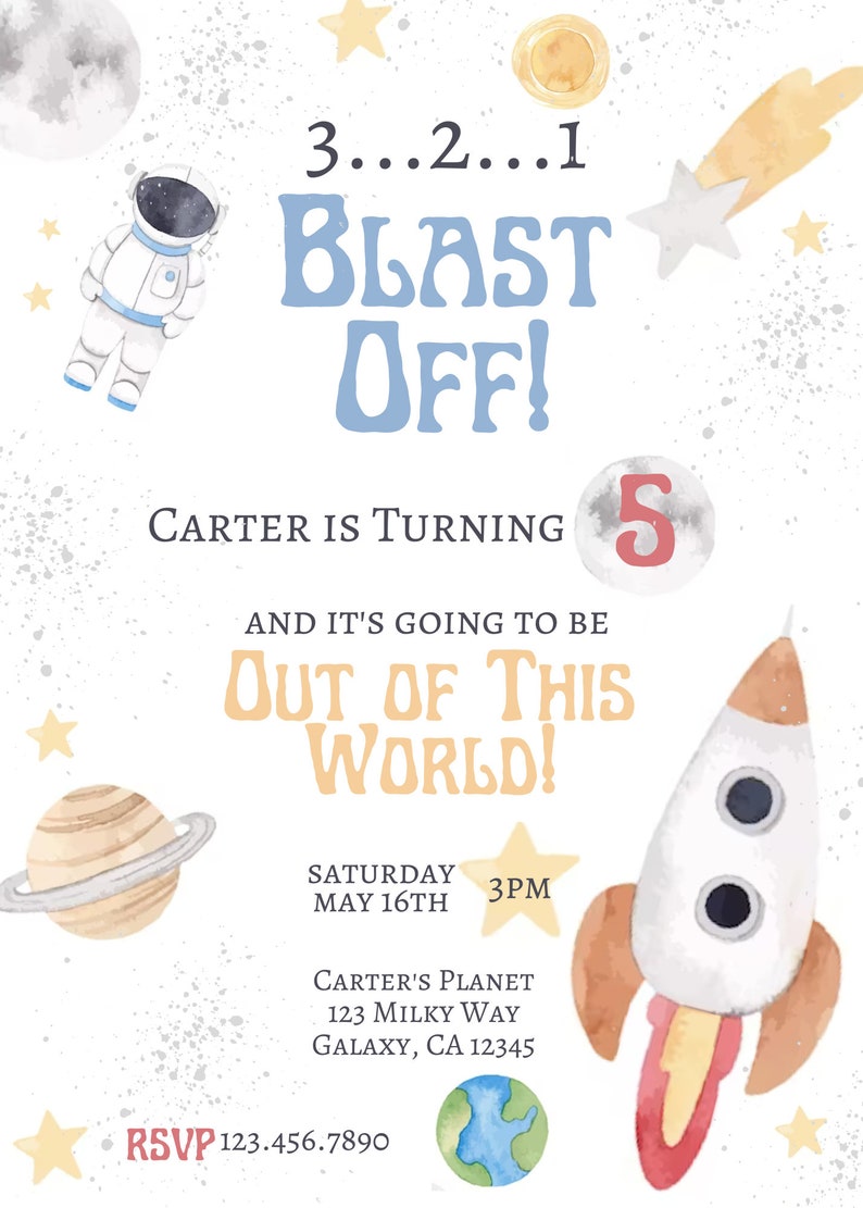 Editable Blast off Birthday Invitation Space Astronaut - Etsy