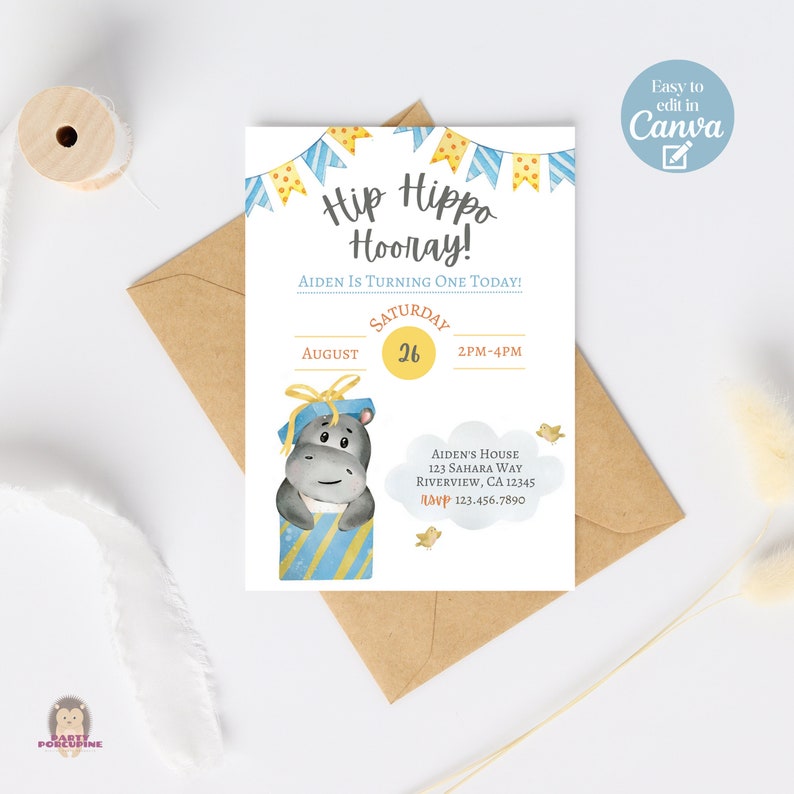 Editable Hip Hippo Hooray Birthday Invitation Party Birthday ...