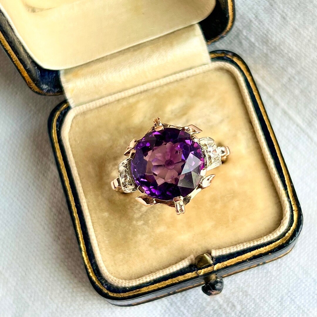 Vintage Royal Purple Amethyst Ring: 10k Rose Gold Diamond Accent - Etsy