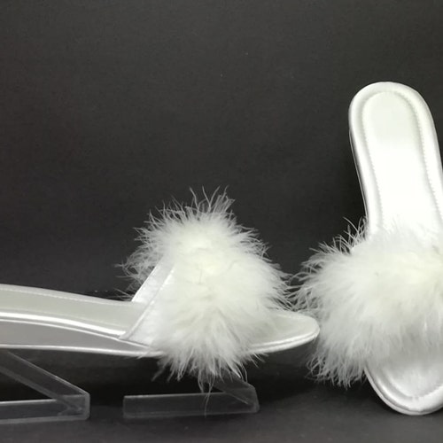 Pink or White Feather Satin Slippers for Women. Bride - Etsy