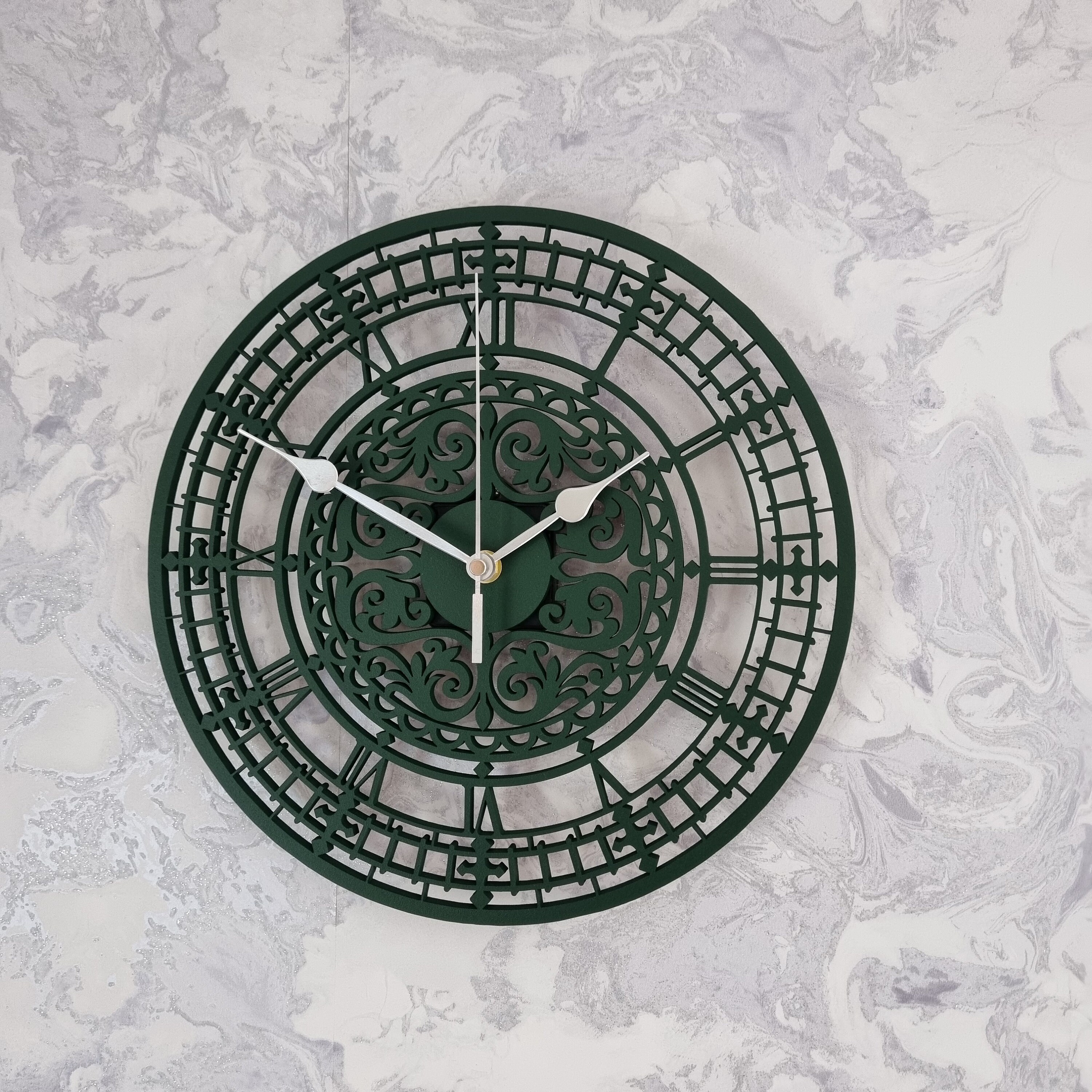 Forest Green Wall Clock Silent Non Ticking Roman Numerals 30, 40, 55 Cm ...