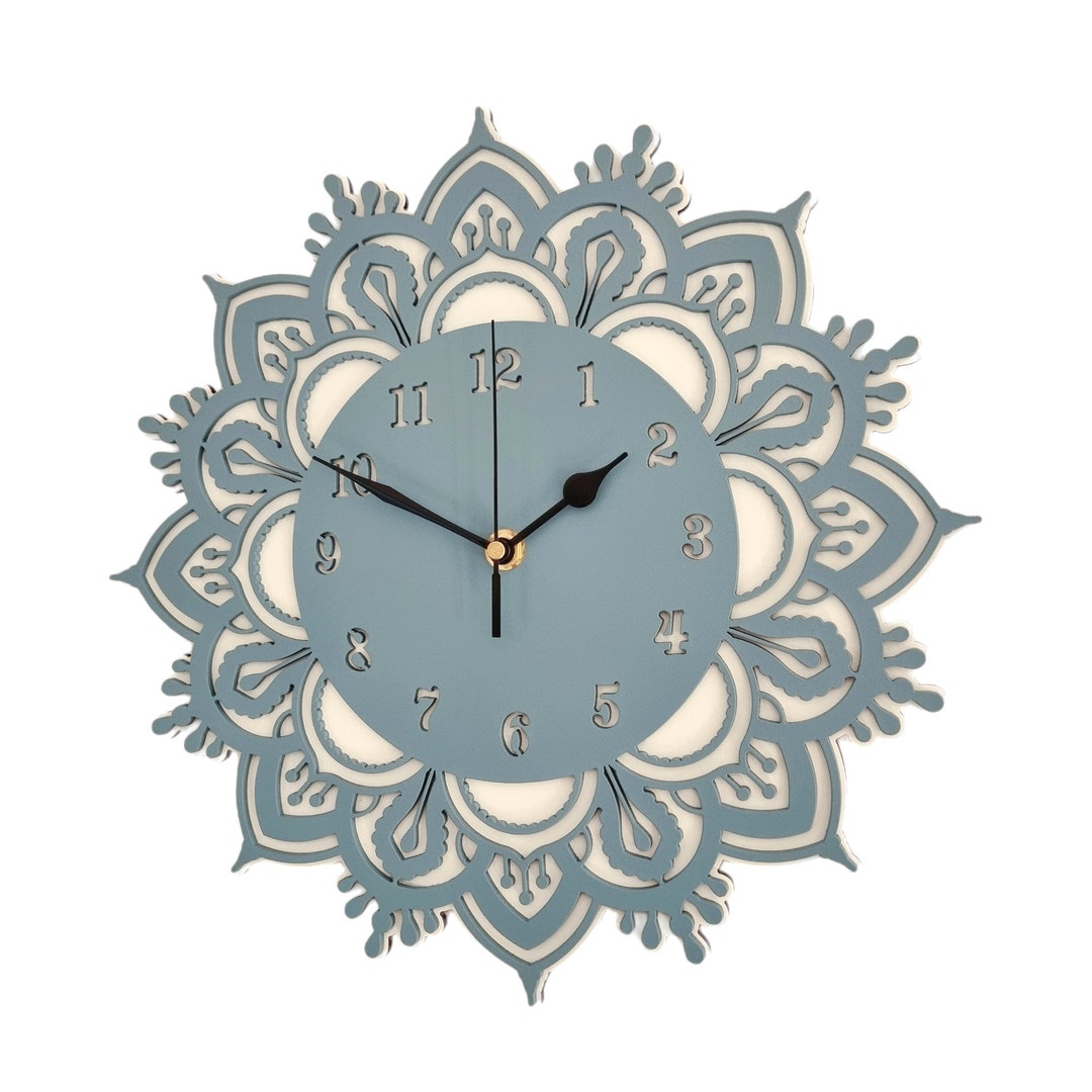 Blue Slate and White Mandala Wall Clock Silent Room Clock Non Ticking ...