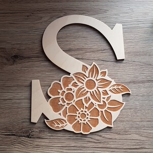 Wooden Alphabet Letters Engraved Flower Decorated Craft Embellishment ...