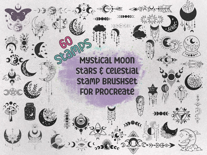 Celestial Moon Procreate Brush Stamp Set | 60 Moon-themed Stamps for ...