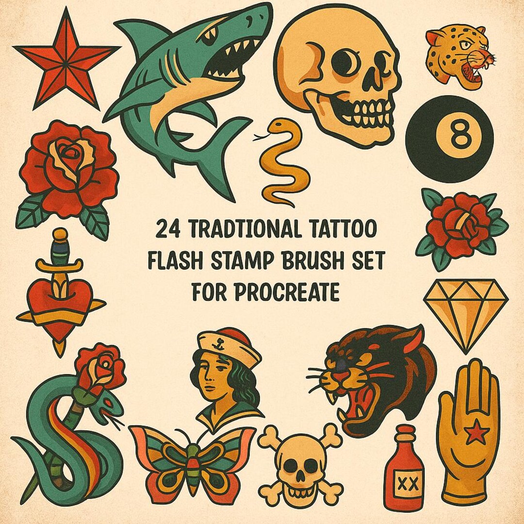 Traditional Tattoo Flash Stamps | Procreate Brush Set (24 Hand-Drawn ...