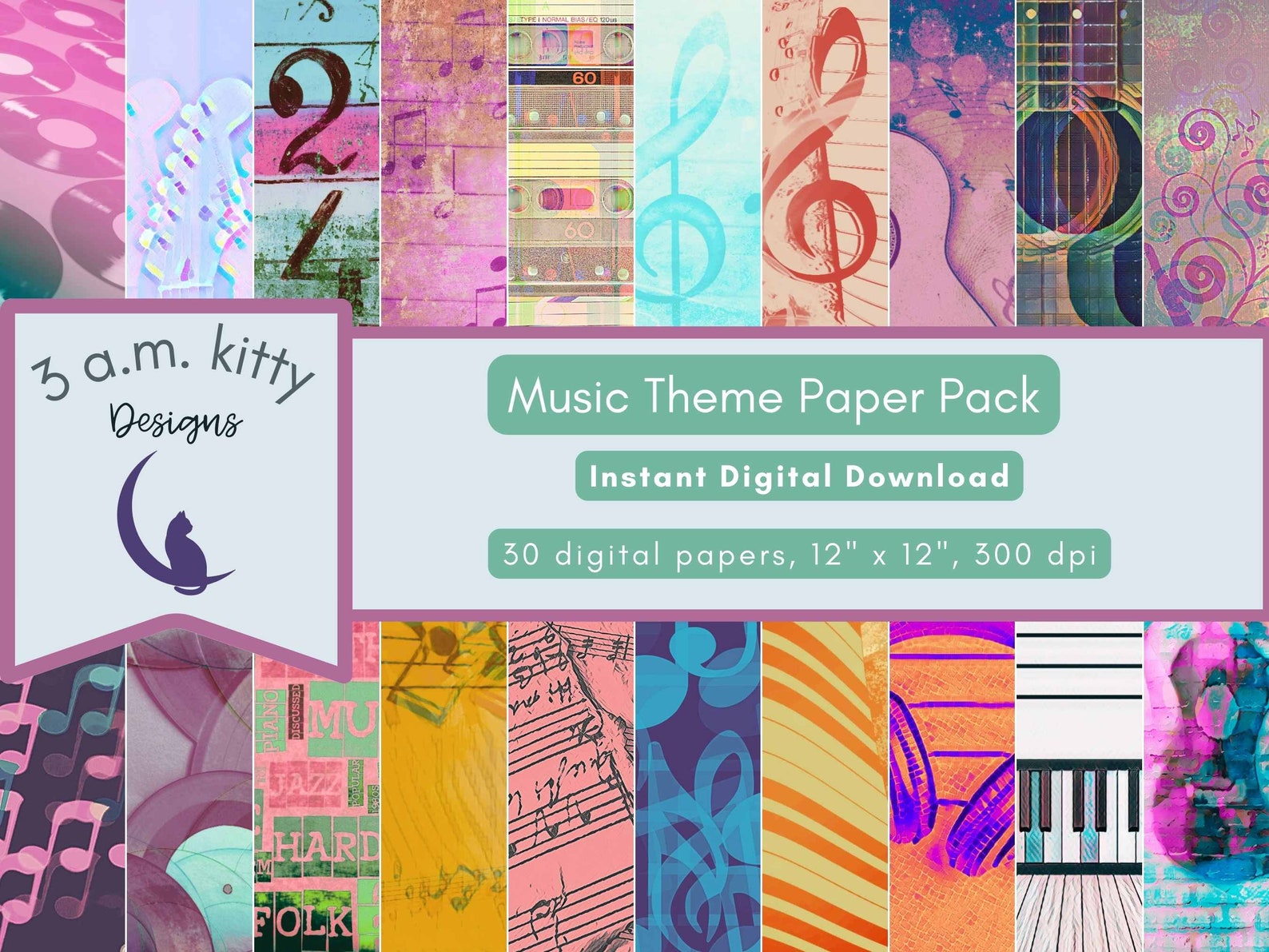 Music Pattern Digital Printable Paper Pack,scrapbook Papers Musical ...