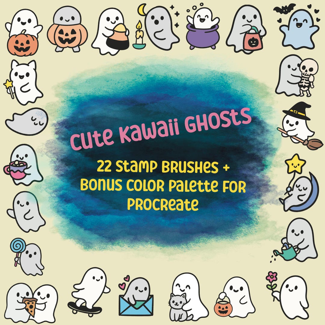 Kawaii Ghost Procreate Stamps – 22 Brushes, Pastel Palette (digital ...