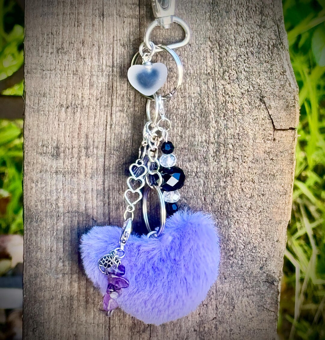 Fluffy Purple Heart Keychain: Amethyst Crystal, Witchy Bag Charm - Etsy