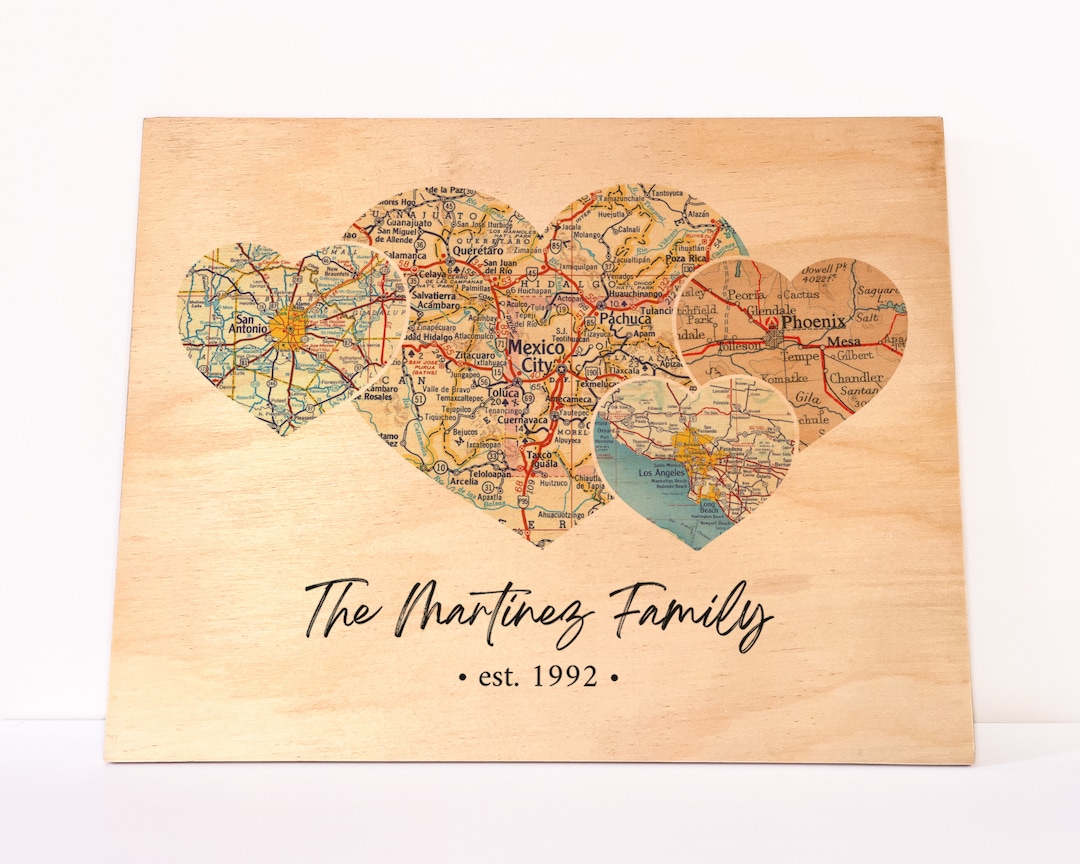 Personalized Long Distance Family Maps on Wood: 3-5 Locations, Custom ...