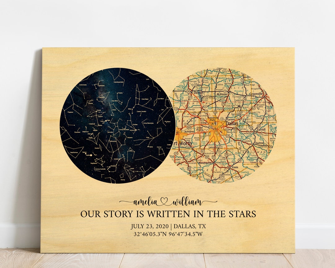 Personalized Star Map and a Vintage Map on Wood, Star Map Framed, Star ...