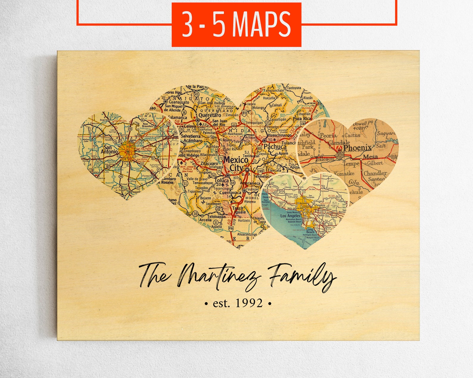 Personalized Long Distance Family Maps on Wood: 3-5 locations | Etsy