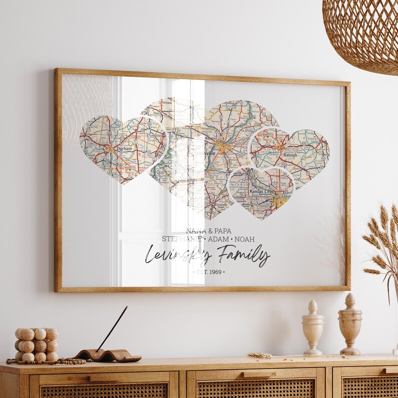 Personalized Family Map Art: Long Distance Gift, Vintage Style - Etsy