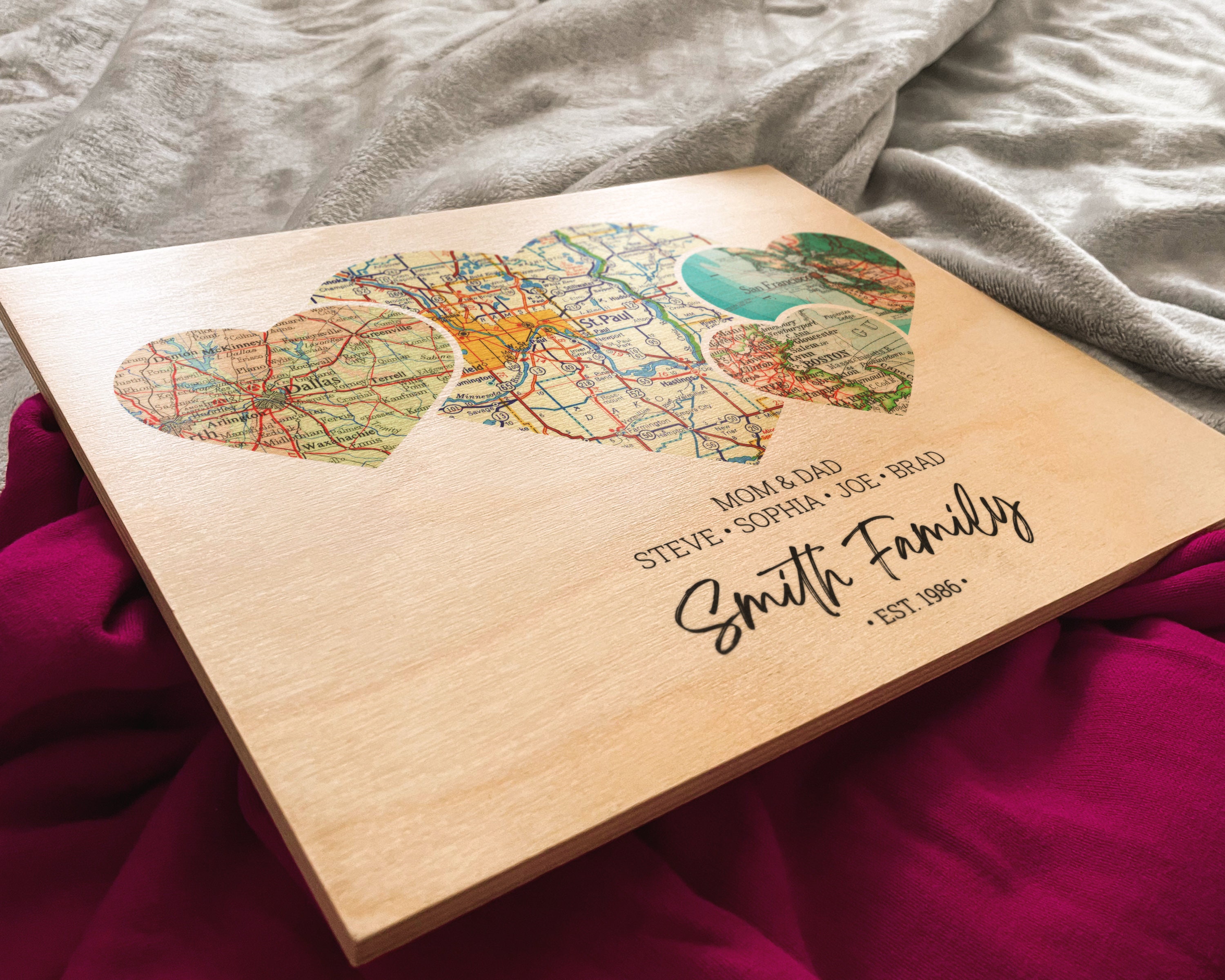Personalized Family Gift Heart Maps on Birch Wood Family - Etsy