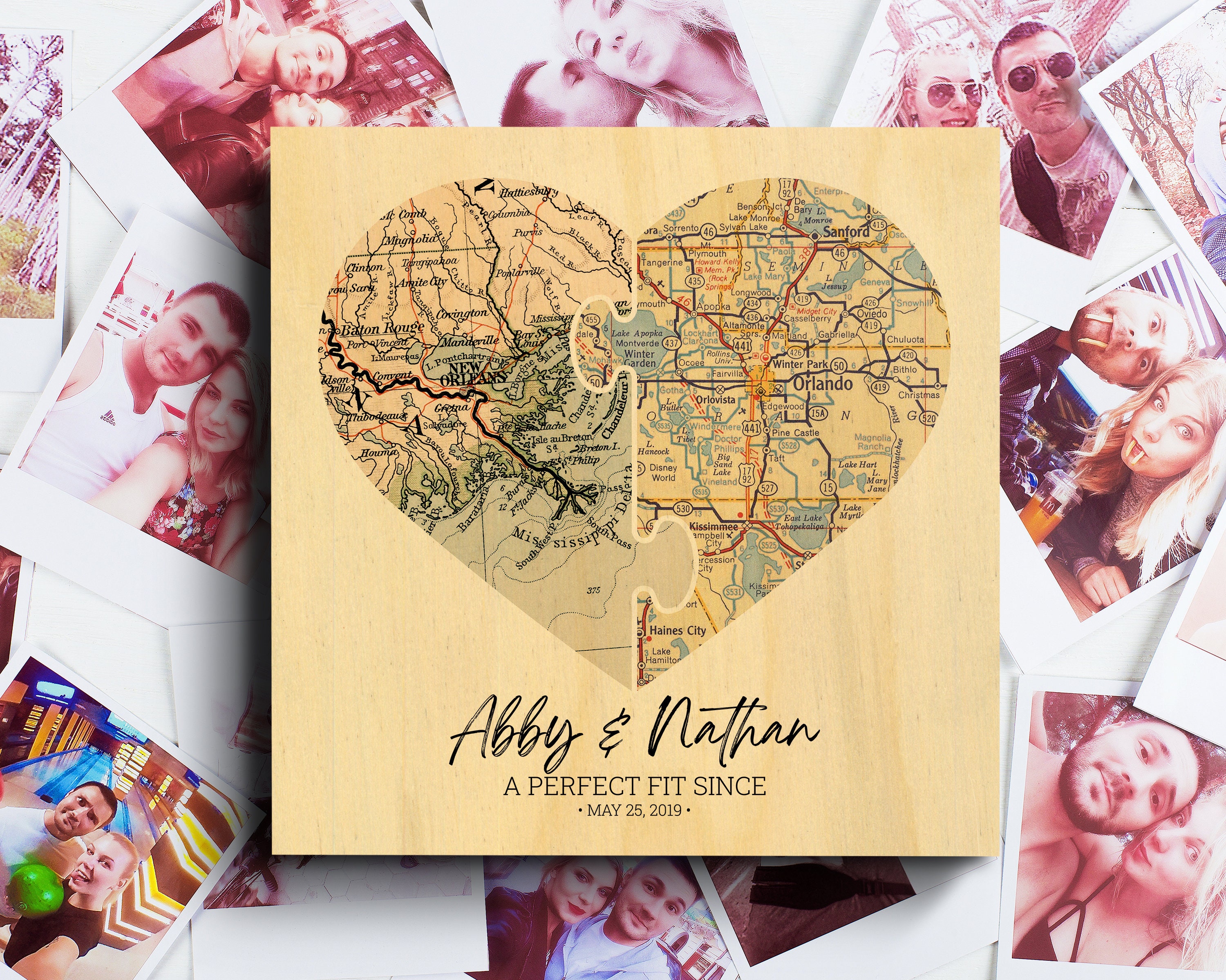 Personalized Heart Map Print on Birch Wood Valentine's - Etsy