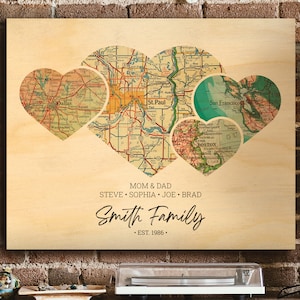 Personalized Family Gift, Heart Maps on Birch Wood, Family Name Sign ...