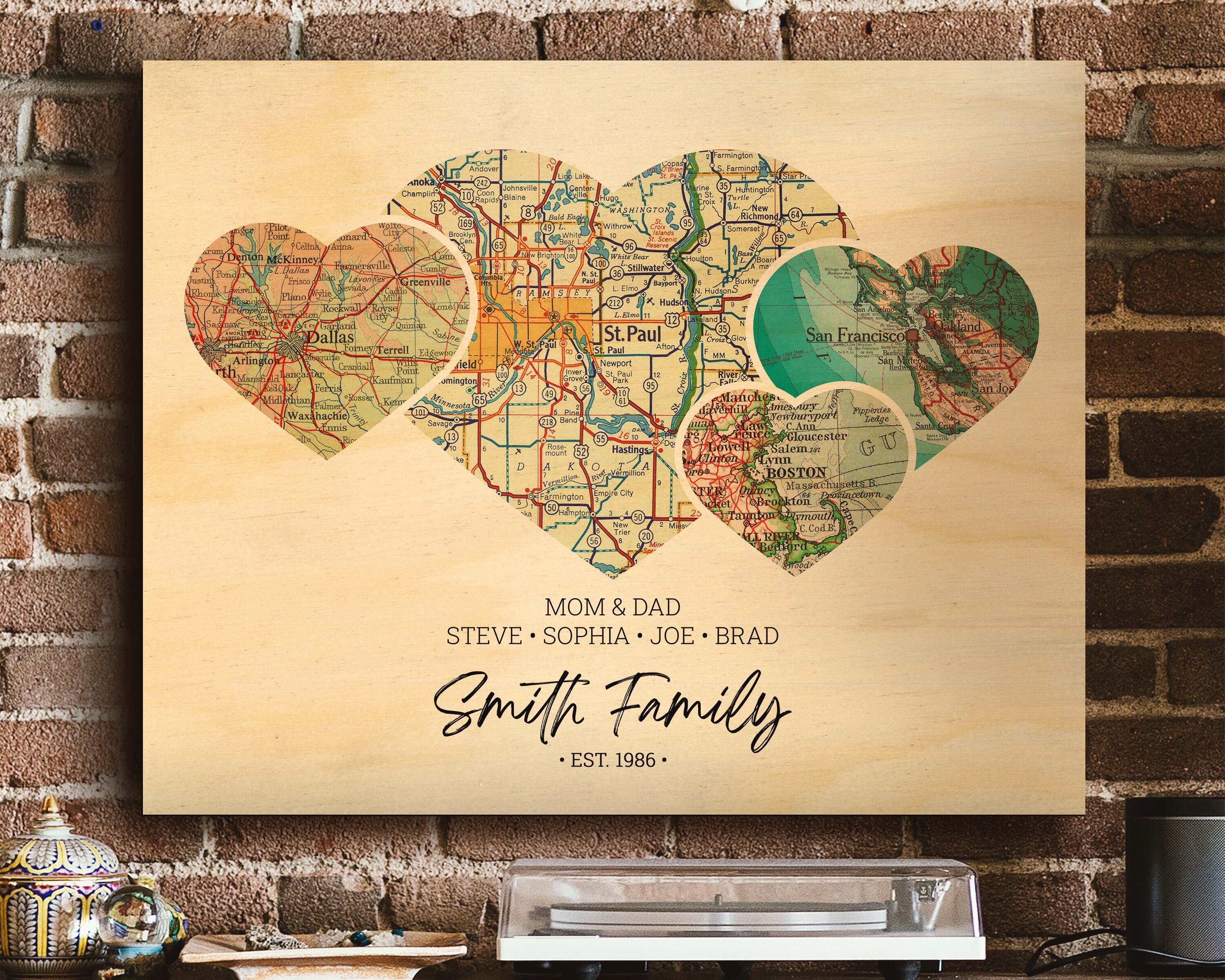 Personalized Family Gift Heart Maps on Birch Wood Family - Etsy