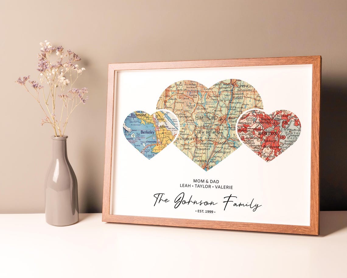Personalized Family Map Art: Long Distance Gift, Vintage Style - Etsy