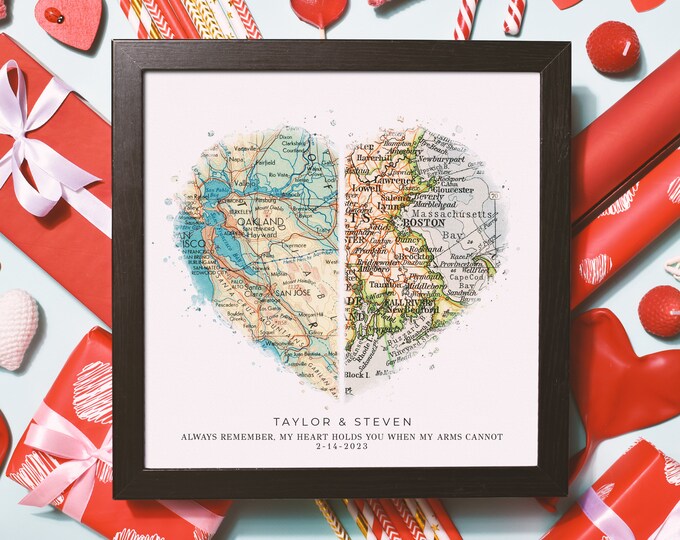 Long Distance Gift, Two Maps in One, Custom Map Gift, Maps in Frame ...
