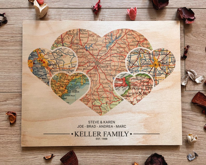 Personalized Family Gift Heart Maps on Birch Wood Family - Etsy