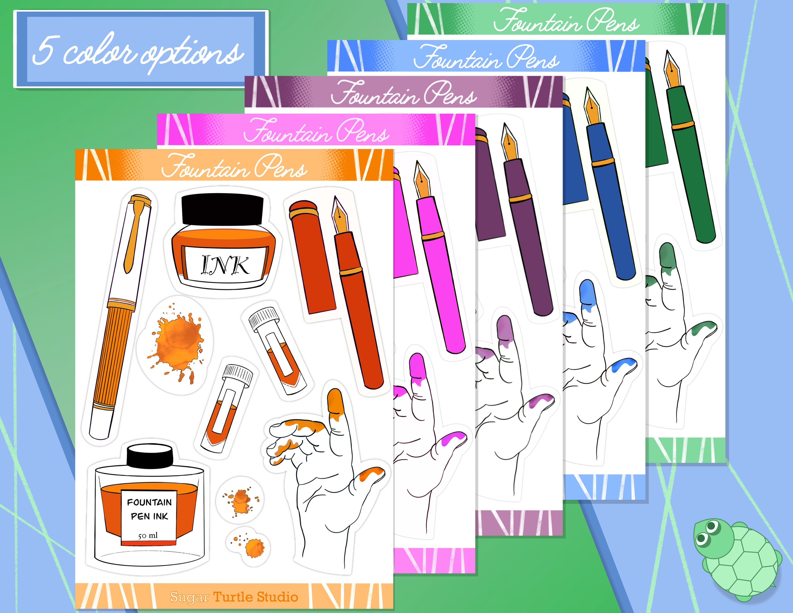 Fountain Pen Sticker Sheet 5 Colors Available - Etsy