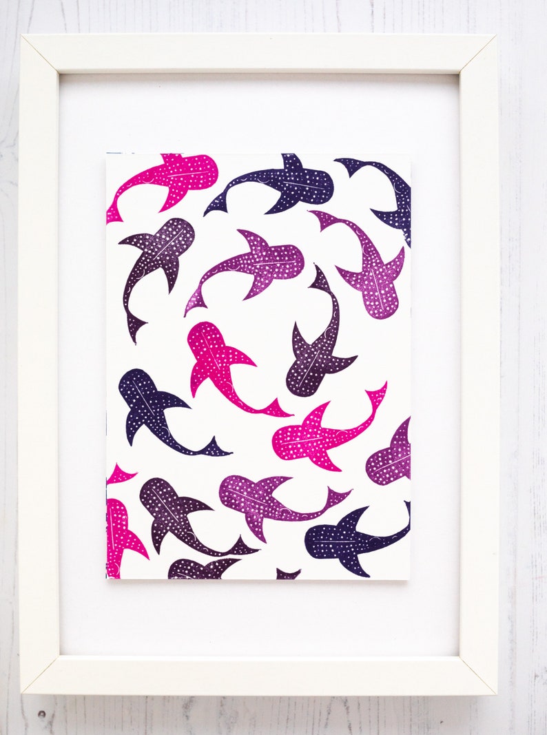 Swirling Whale Sharks, Original Block Print, 21x15cm, Warm Colours ...