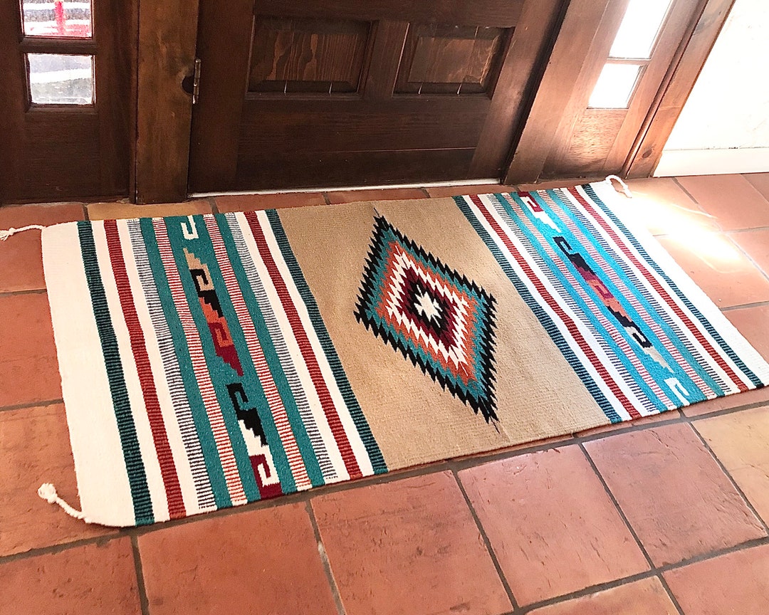 Tan and Teal Aztec Rug, Tribal Rug, Southwestern Throw Rug, Kilim, Boho ...