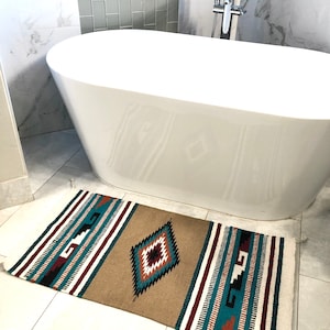 Small Tan and Teal Aztec Rug, Tribal Rug, Southwestern Rug, Kilim, Boho ...