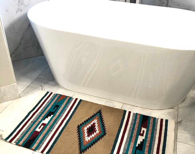 Small Tan and Teal Aztec Rug, Tribal Rug, Southwestern Rug, Kilim, Boho ...