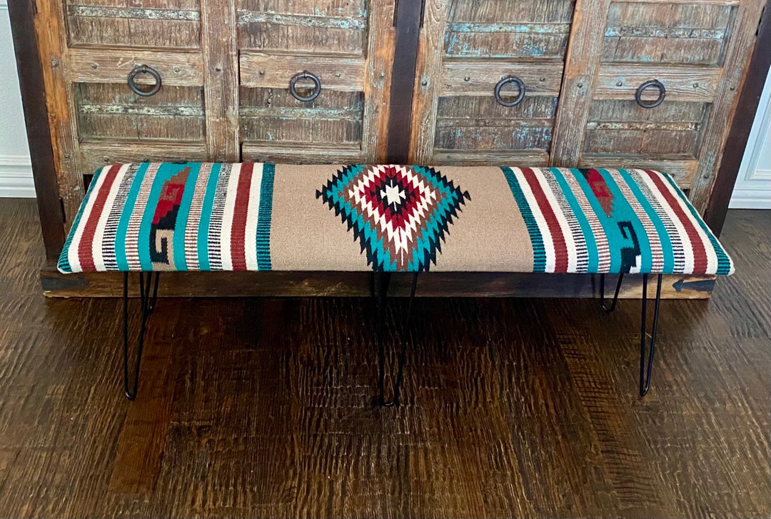Beige & Teal Aztec Long Upholstered Bench With Metal Mid-century ...