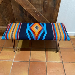 Navy and Turquoise Aztec Upholstered Bench, Southwestern Bench, Dining ...