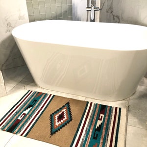 Small Tan and Teal Aztec Rug, Tribal Rug, Southwestern Rug, Kilim, Boho ...