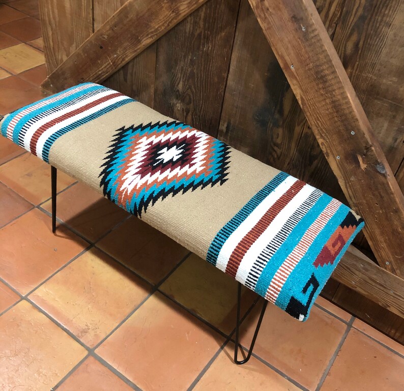 Tan Aztec upholstered Bench Hairpin Legs western bench boho | Etsy