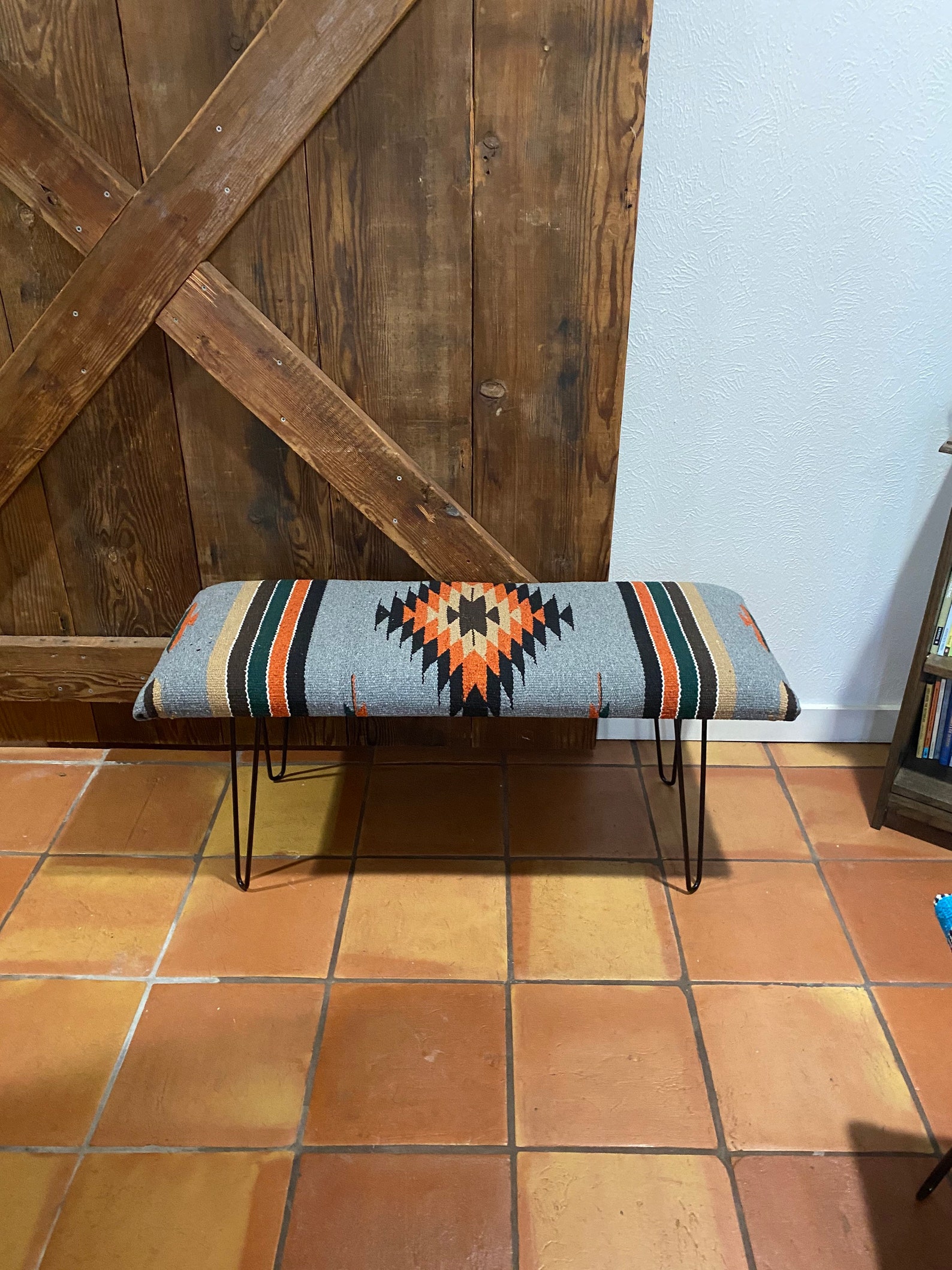 Grey Aztec Upholstered Bench With Hairpin Legs Southwestern - Etsy