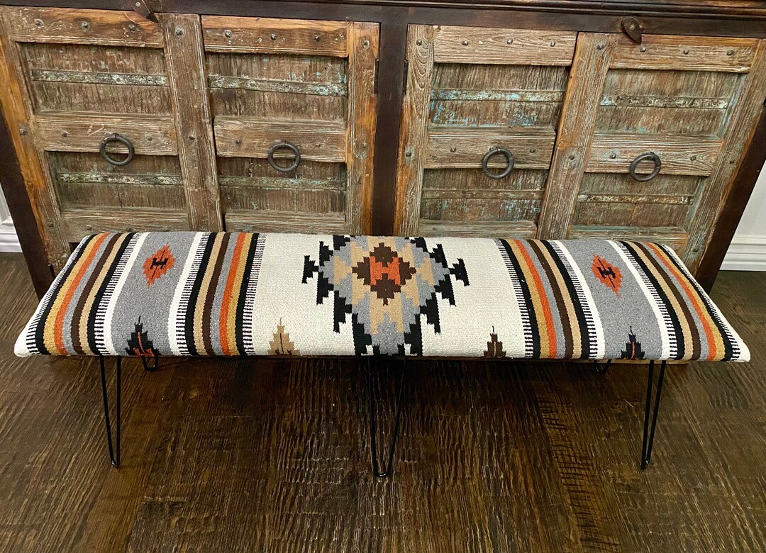 Long White Aztec Upholstered Bench With Hairpin Legs, Southwest Style ...