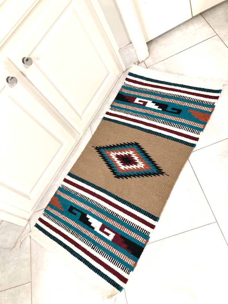 Small Tan and Teal Aztec Rug Tribal Rug Southwestern Rug - Etsy