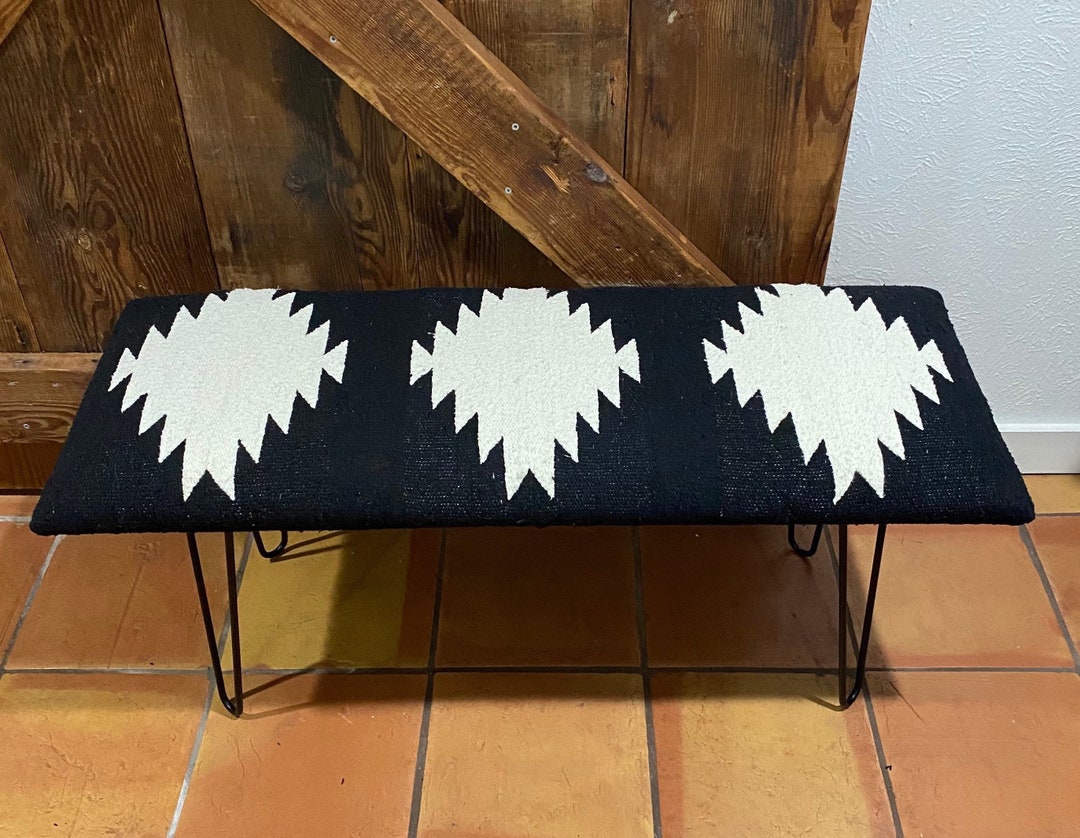 Black & White Aztec Upholstered Bench With Hairpin Legs: Dining Height ...