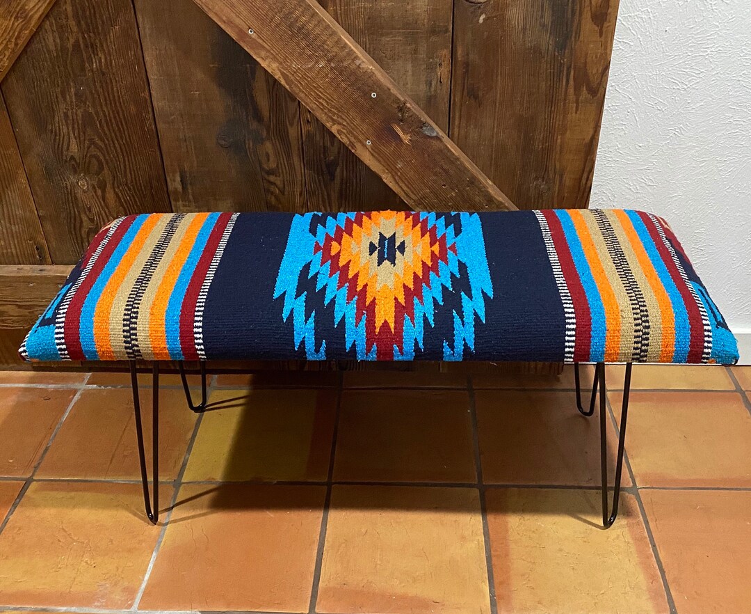 Navy and Turquoise Aztec Upholstered Bench, Southwestern Bench, Dining ...