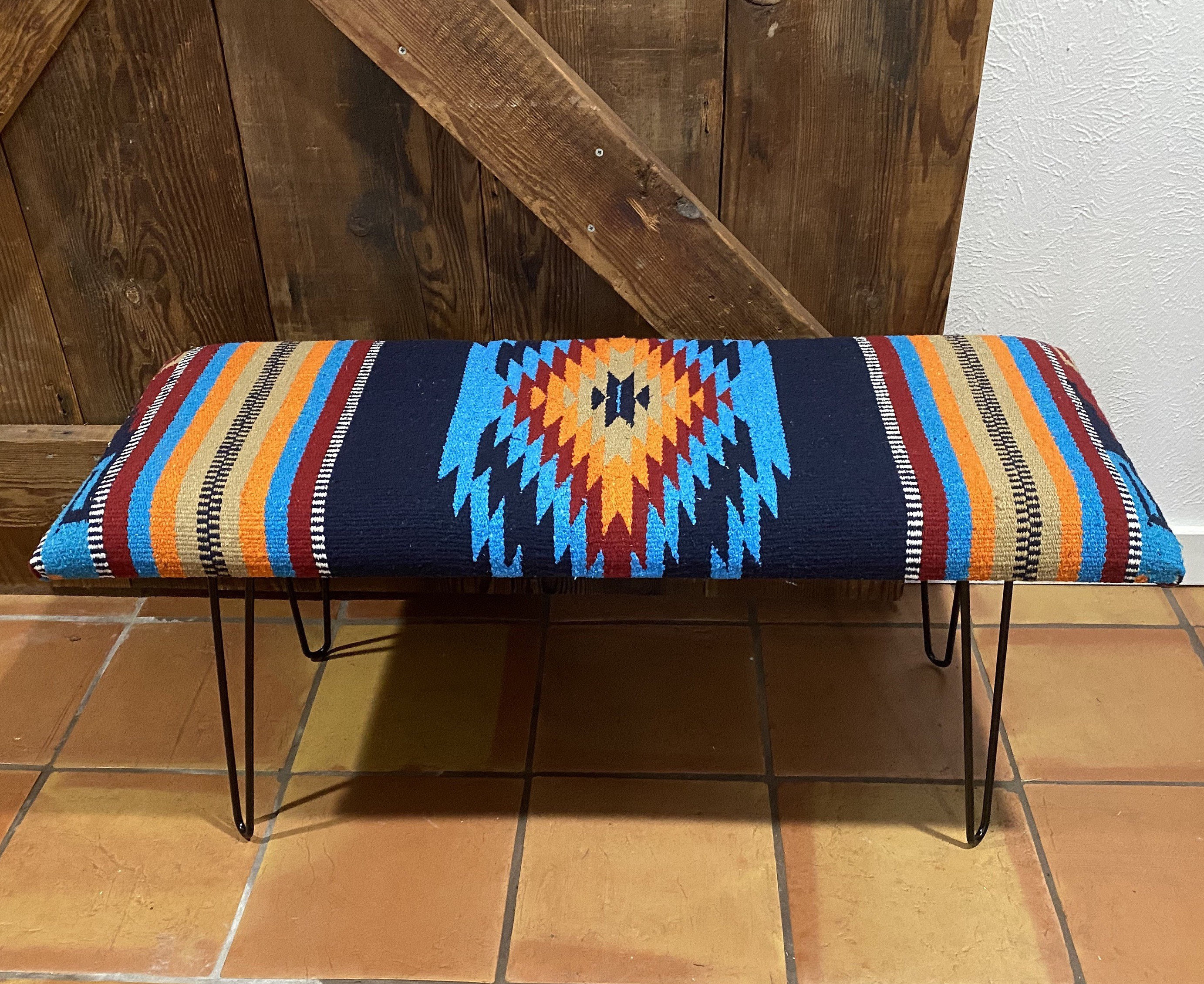 Navy and Turquoise Aztec Upholstered Bench With Hairpin Legs | Etsy