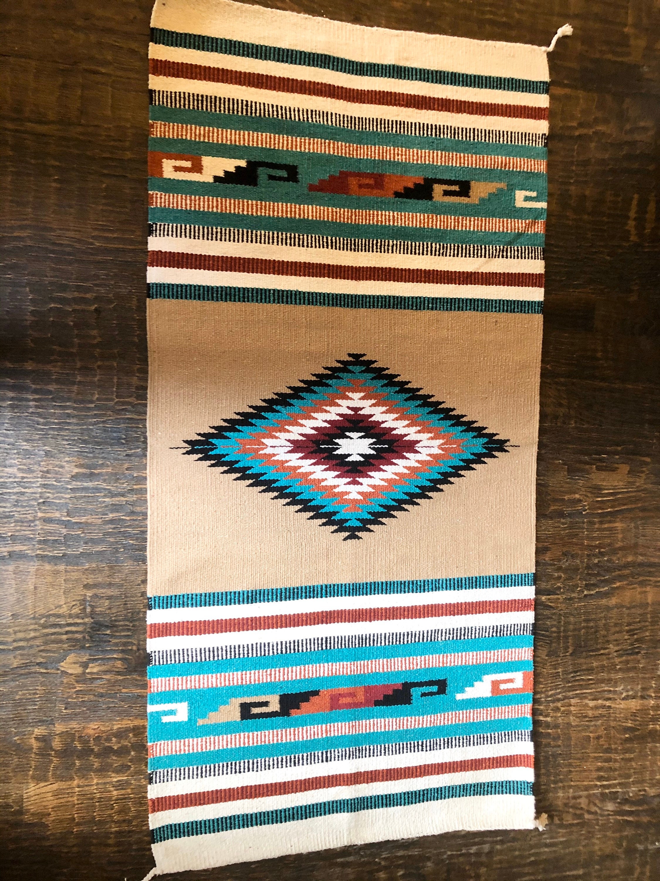 Tan & Teal Aztec Acrylic Rug: Boho Entryway Accent (32x64) - Etsy