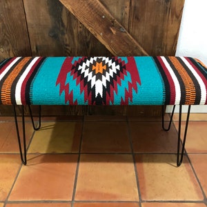 Teal Aztec Upholstered Bench With Hairpin Legs, Western Bench, Boho ...