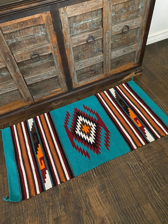 Teal Aztec rug tribal rug southwestern throw rug kilim | Etsy