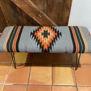 Grey Aztec Upholstered Bench With Hairpin Legs: Dining Height Southwest ...