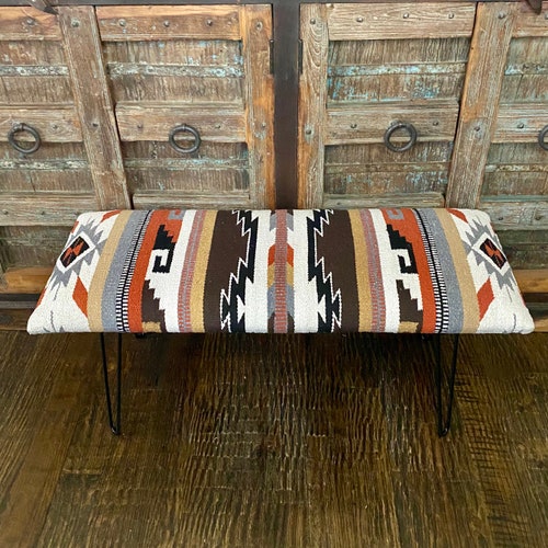 Tan Aztec Upholstered Bench Hairpin Legs Western Bench Boho - Etsy