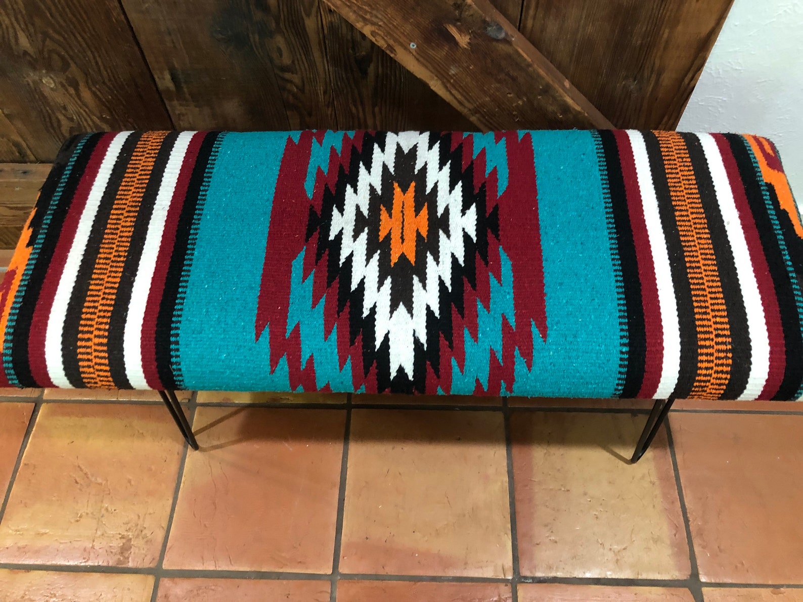 Teal Aztec Upholstered Bench With Hairpin Legs Western Bench | Etsy