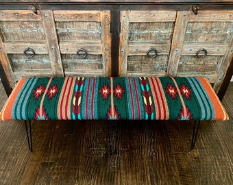 Turquoise Aztec Upholstered Bench With Hairpin Legs Western - Etsy